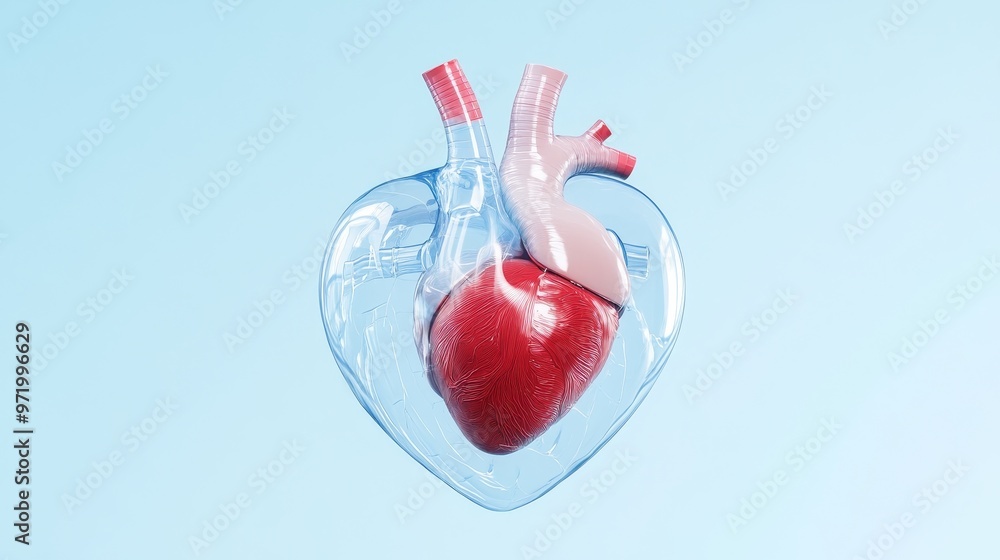This 3D depicts a transparent heart model with a visible, red heart ...