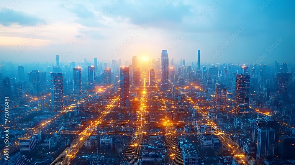 A futuristic AI-driven city seen from above, where glowing data ...