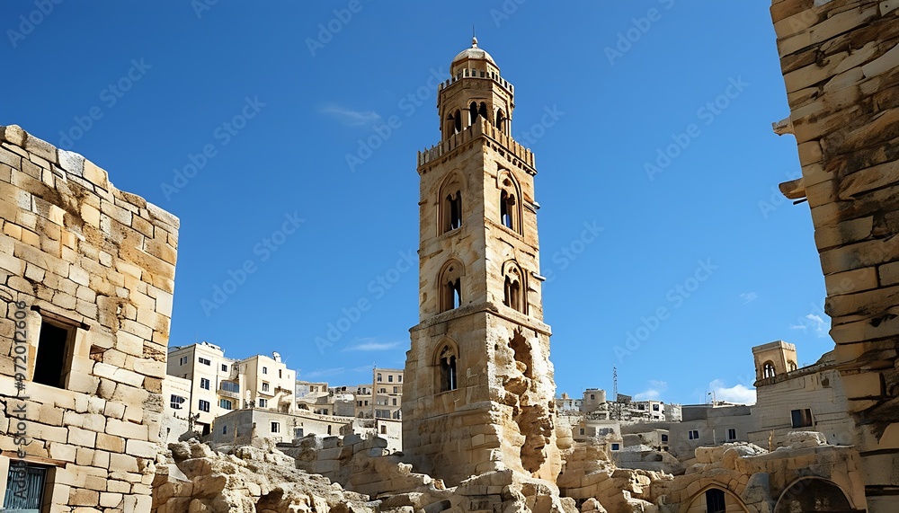 An ancient stone tower stands tall in the building complex, revealing ...