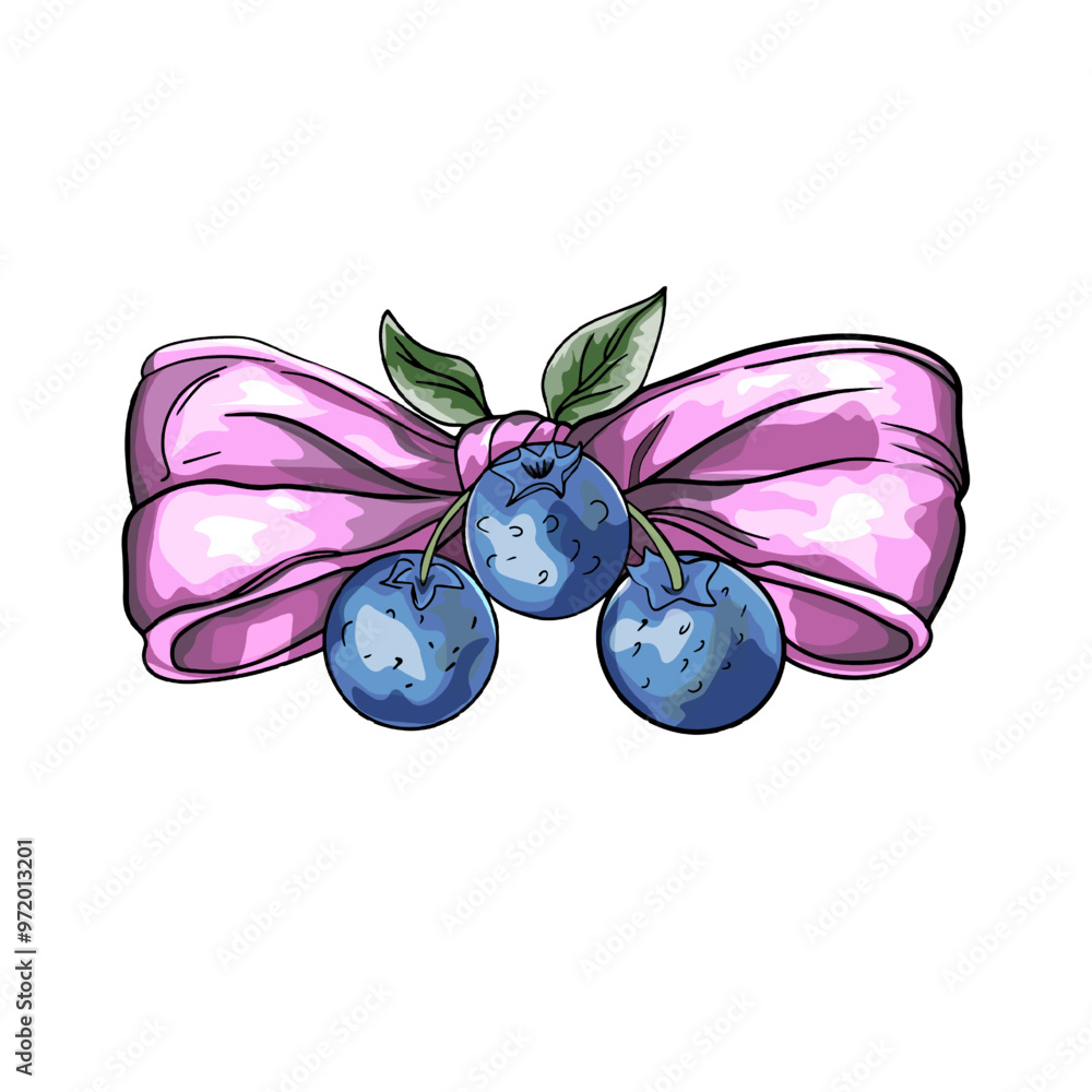 Blueberry with bow in cartoon style. Pink bow and berry. Vector ...