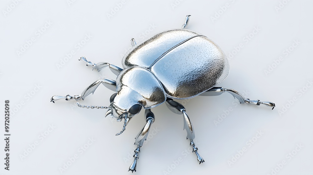 99. A detailed 3D render of a silver beetle with a shimmering finish ...