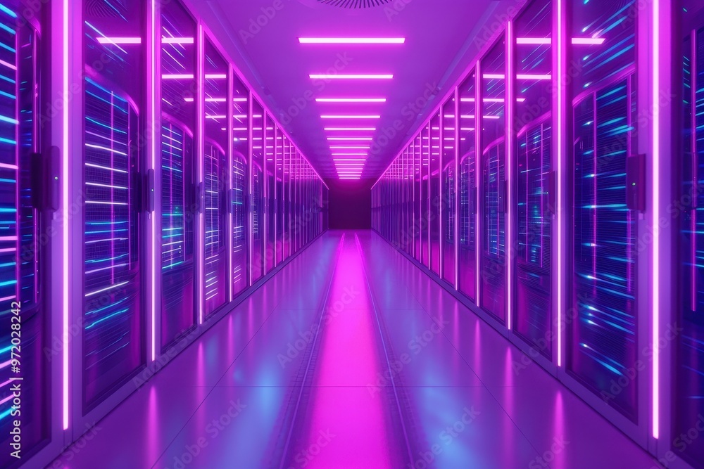 Futuristic Data Hub Passageway, sleek metallic walls, pulsating neon ...