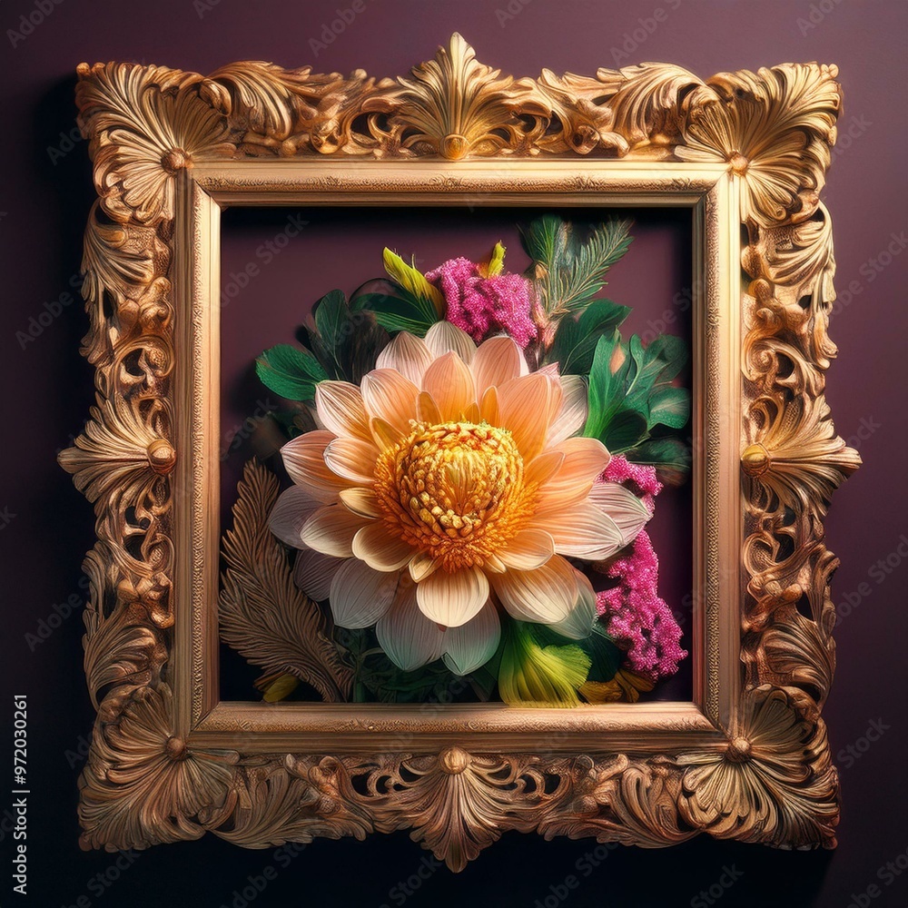 photo frame with flowers, antique gold frame, A rectangular wooden ...