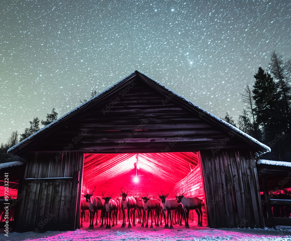 Reindeer lined up inside a wooden barn, red light glows from Rudolph's ...