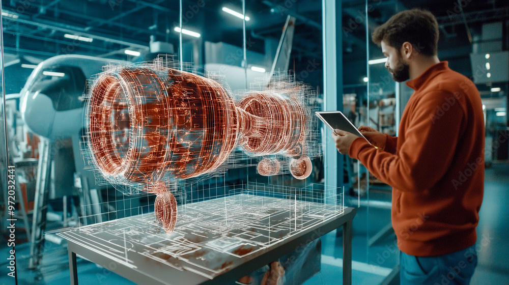 A futuristic vision for hologram technology in design. An engineer uses ...