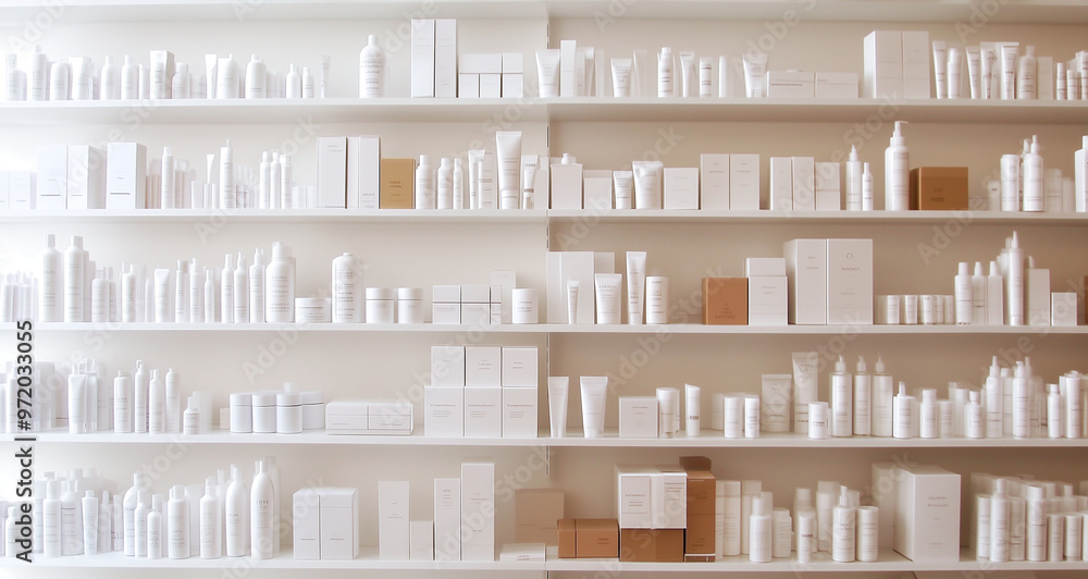 Shelves filled with generic white and brown packaging, representing ...