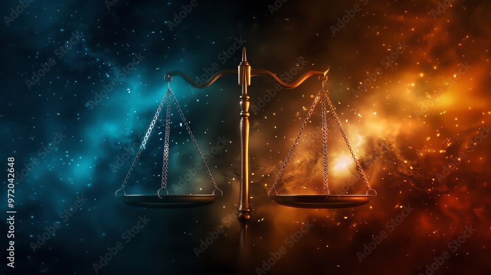 Symbolic representation of justice with scales against a cosmic ...