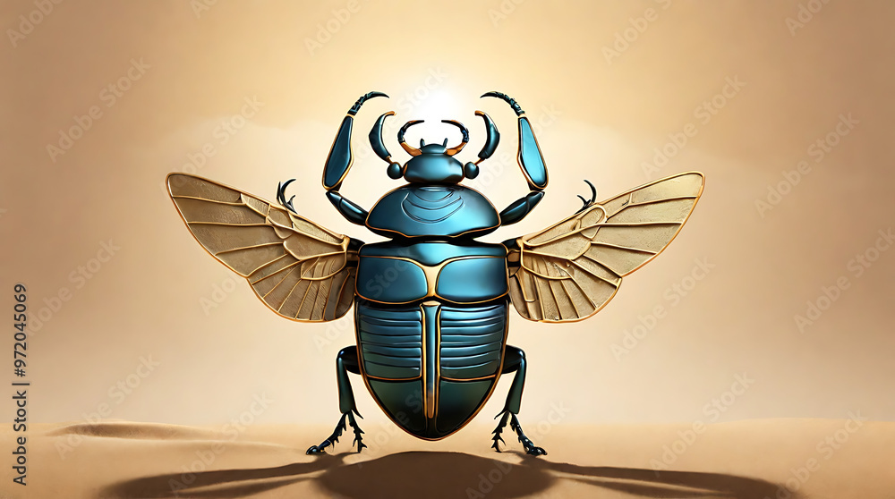 A simple design of the Egyptian scarab beetle, pushing a glowing sun ...