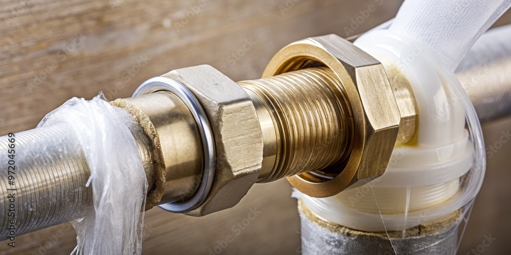 "Threaded water pipe connections being sealed with Teflon tape wrapped ...