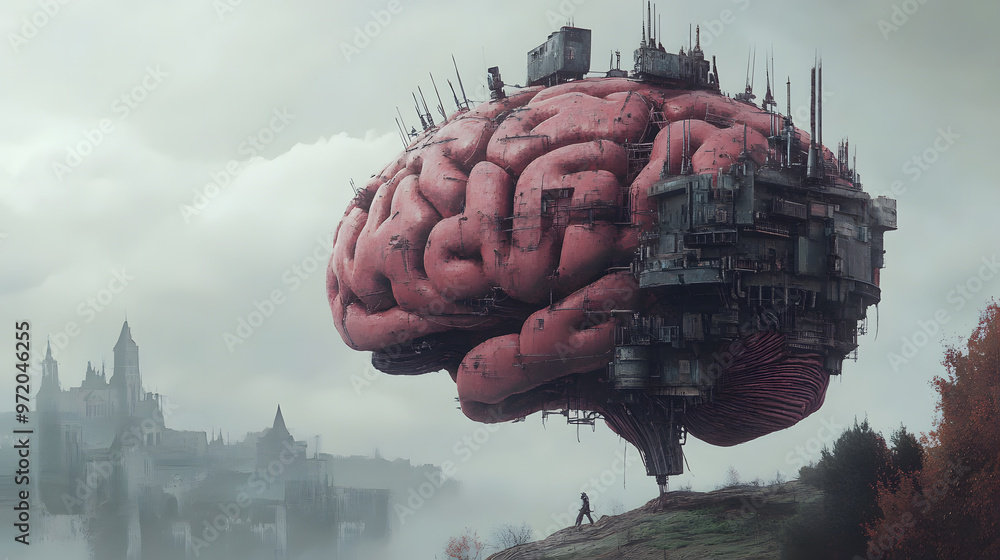 3D illustration of a brain in various settings, including the sun, a ...
