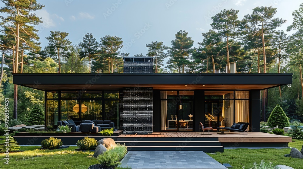 Exterior of a one-story modern elite country cottage, texture of wooden ...