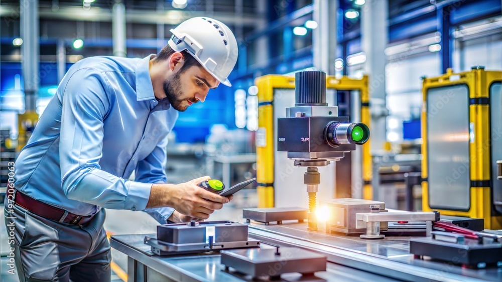 Worker using a laser scanner to measure product dimensions, surrounded ...