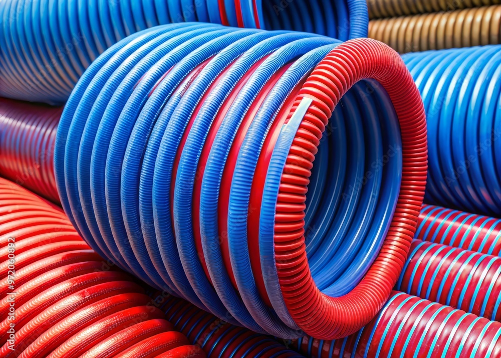 Winding blue and red plastic water pipe with corrosion-resistant rust ...