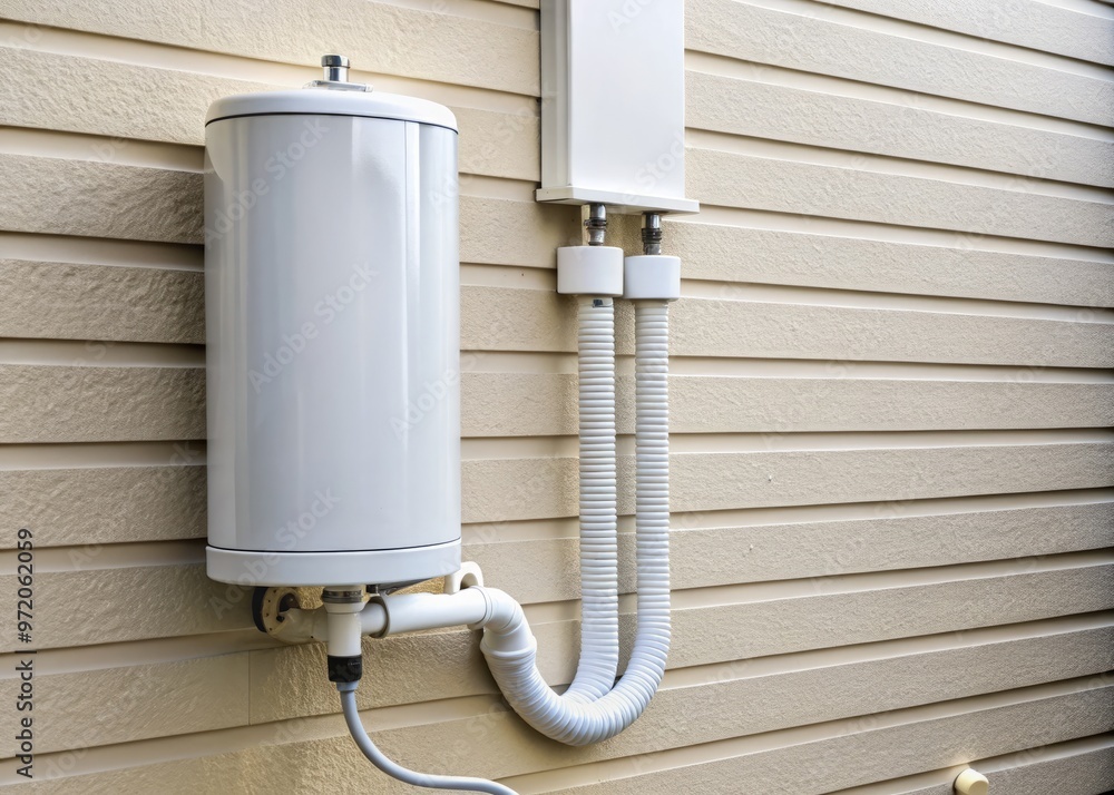 "Close-up of a white PVC vent pipe installed vertically on a wall ...