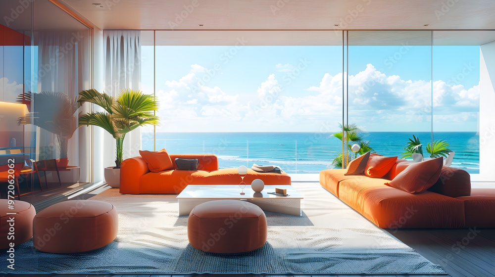 Modern hi-tech living room interior in coral tones with a panoramic ...