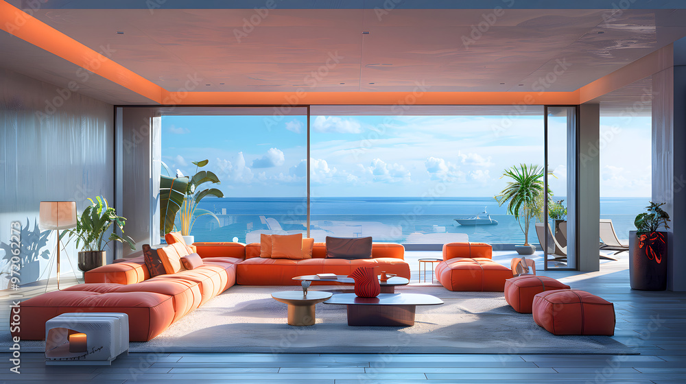 Modern hi-tech living room interior in coral tones with a panoramic ...