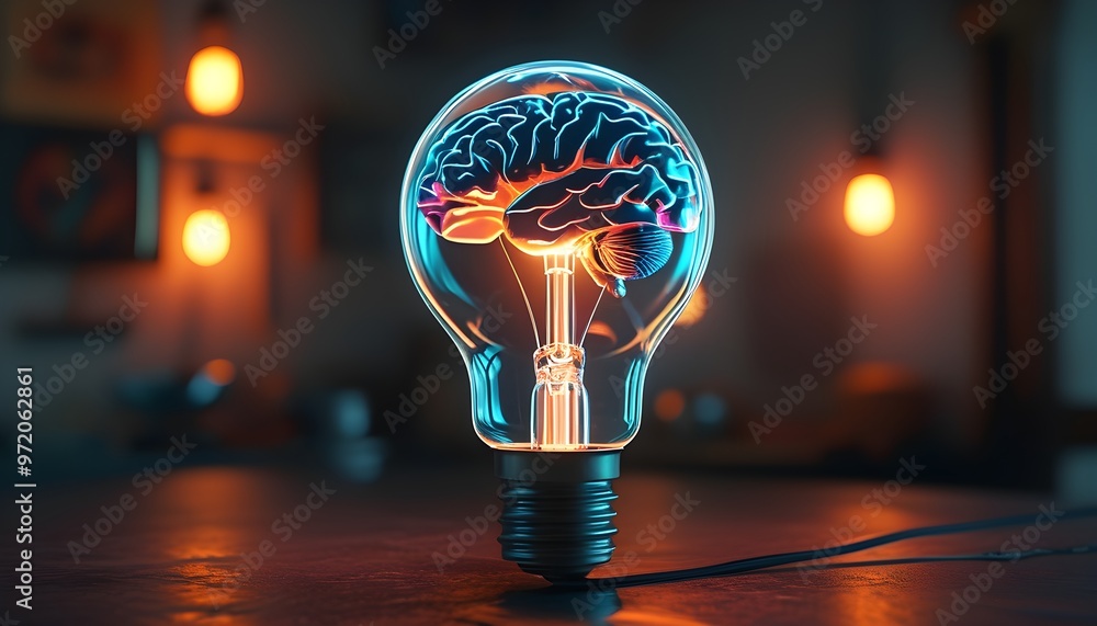 Futuristic light bulb with an illuminated brain, showcasing ...
