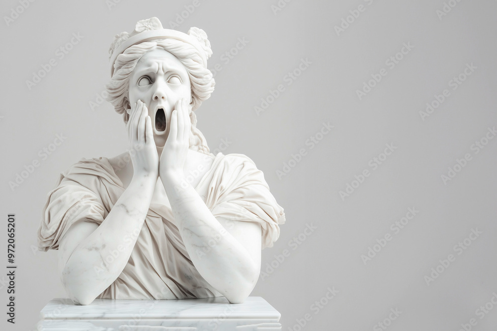 A Greek marble statue with a portrait featuring a shocked expression, capturing dramatic and ...