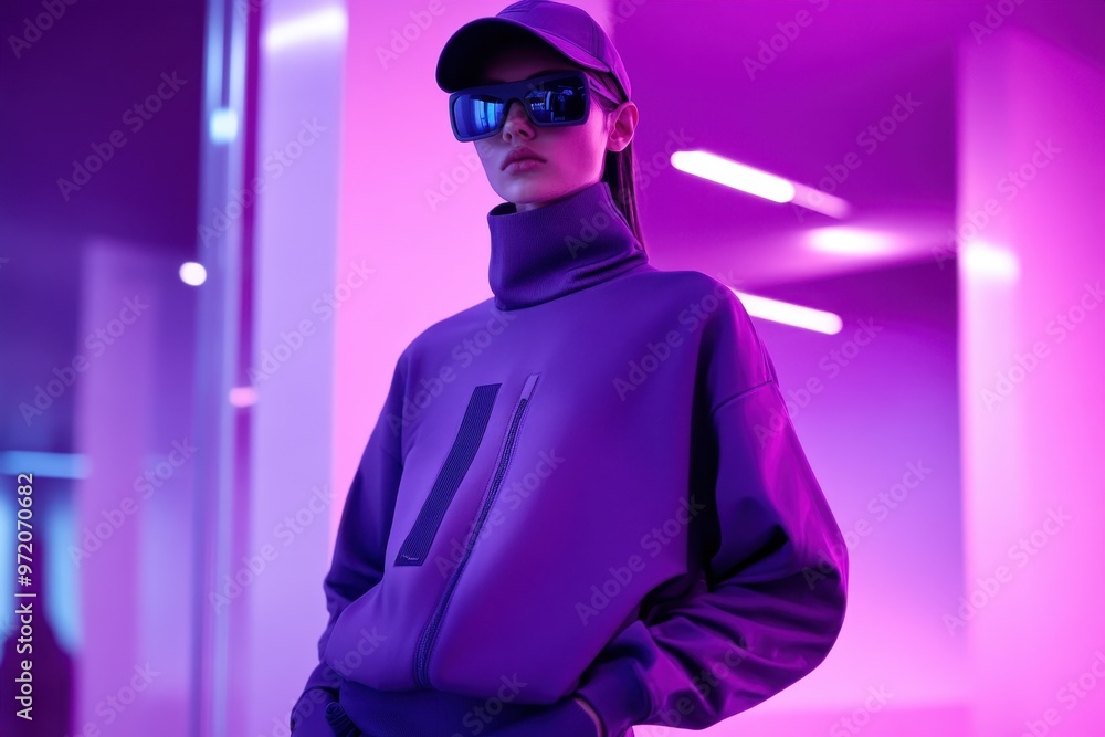 Gender-Fluid Gen Z Model Embracing Fitness-Tech Fashion in Futuristic ...