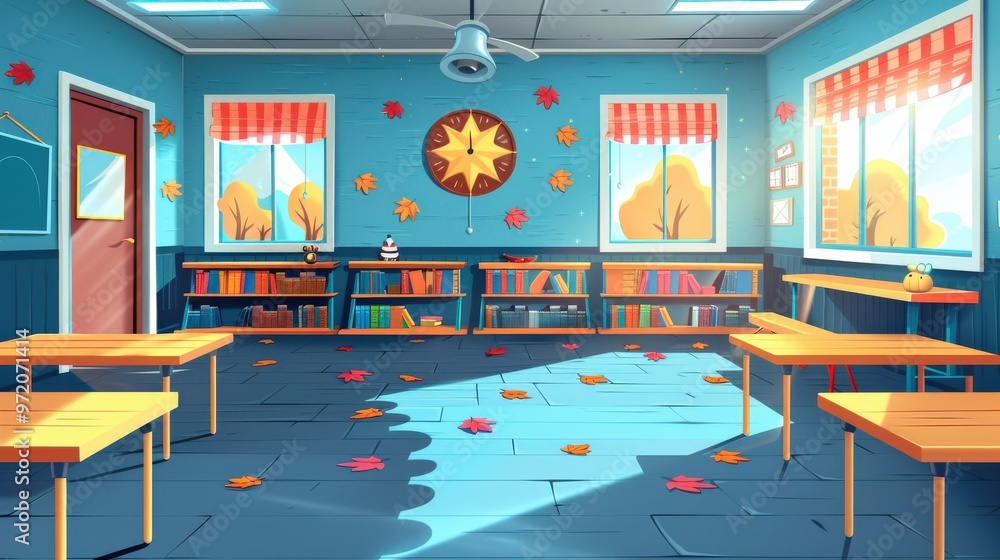Bright autumn-themed classroom illustration with orange benches, blue ...