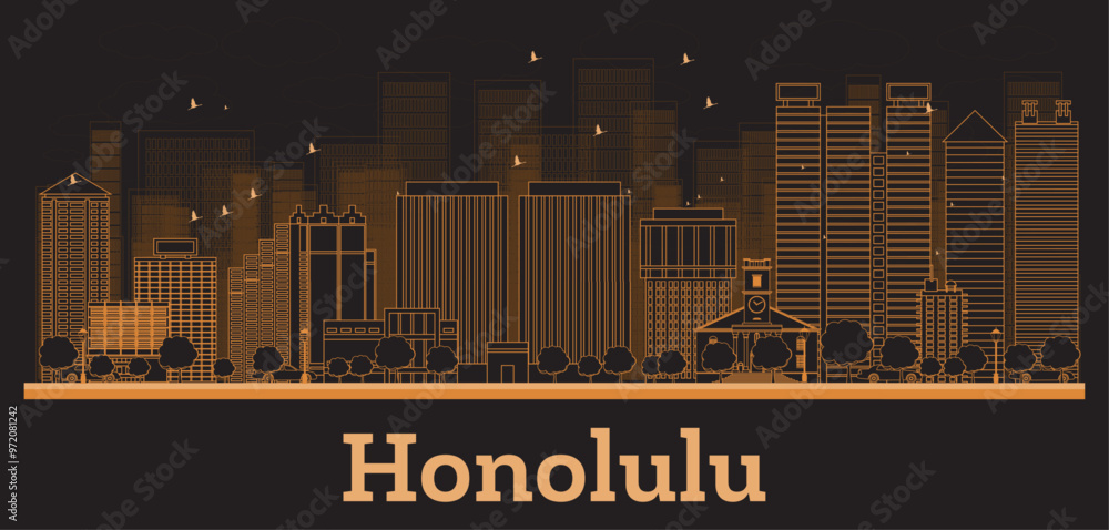 Outline Honolulu Hawaii City Skyline with orange Buildings. Business ...
