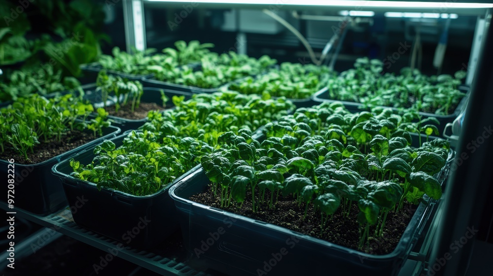 An array of plant tissue cultures in glass containers, carefully placed ...