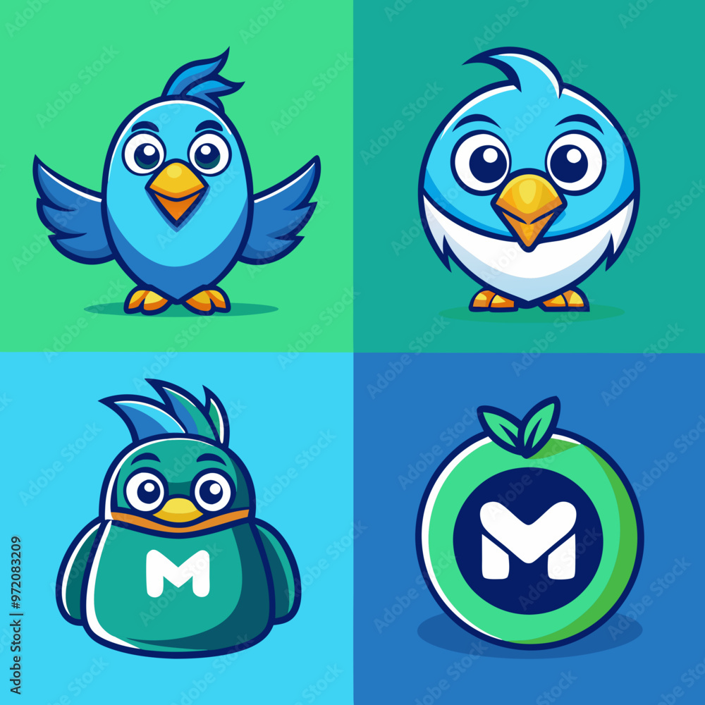 4 different cartoon-style logos for a blue bird mascot, a money bag ...