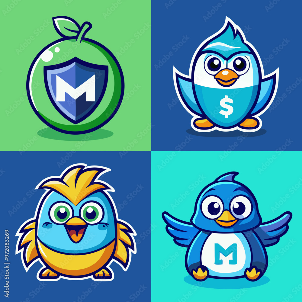 4 different cartoon-style logos for a blue bird mascot, a money bag ...