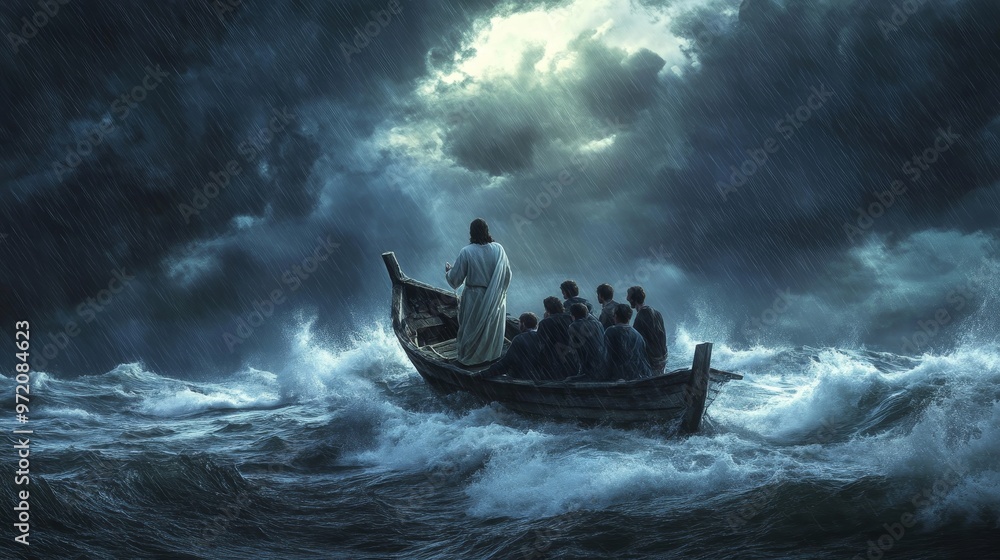 Jesus calms the storm on the sea of galilee, disciples awestruck by his ...