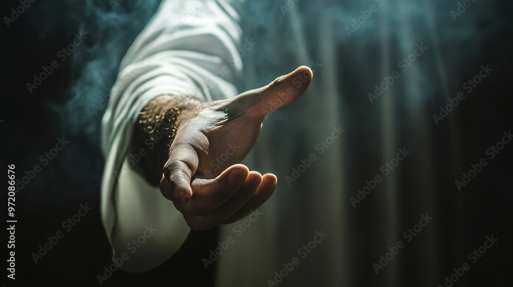Resurrected jesus christ extending his hand in prayer against a dark ...