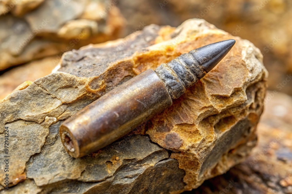 A fossilized belemnite's bullet-shaped internal structure stands out ...