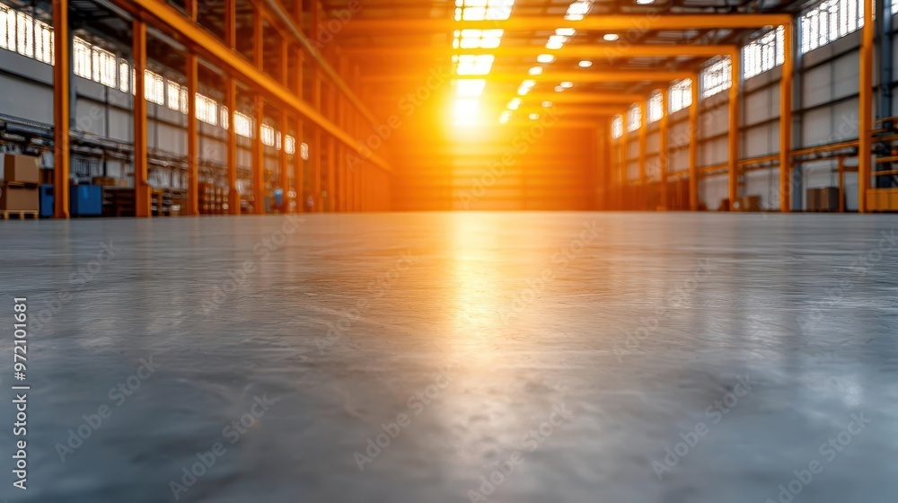 Wide, open factory floor with high ceilings, organized workstations ...