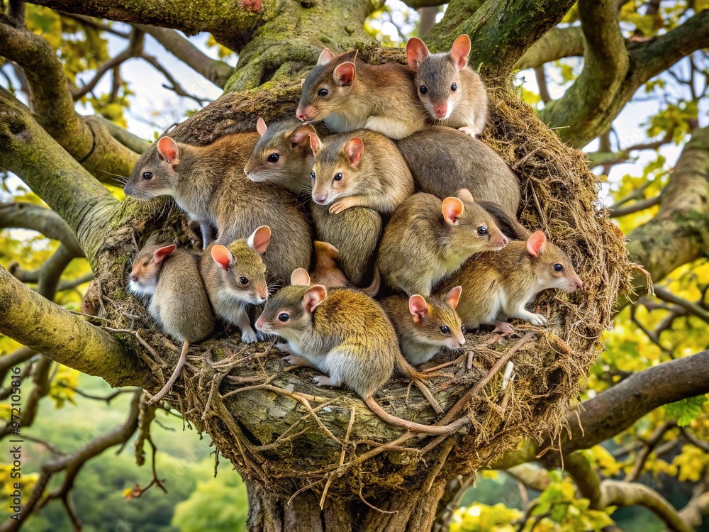 Amidst sprawling oak tree, tangled twigs and leaves cradle family of ...