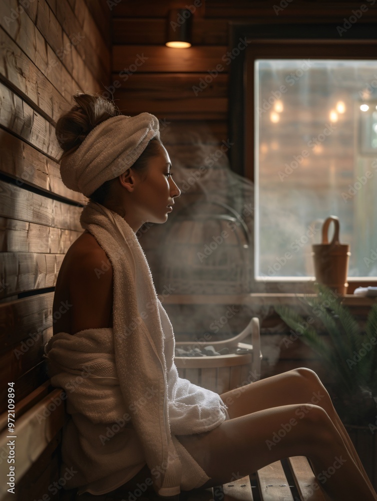 A youthful lady unwinding and perspiring in a warm steam room, draped ...