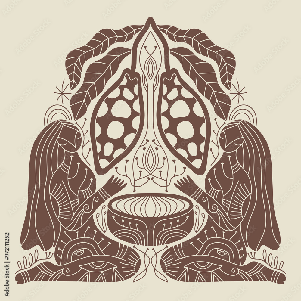 Divine magic cacao ceremony sacred ritual hand-drawn ethnic tropical ...