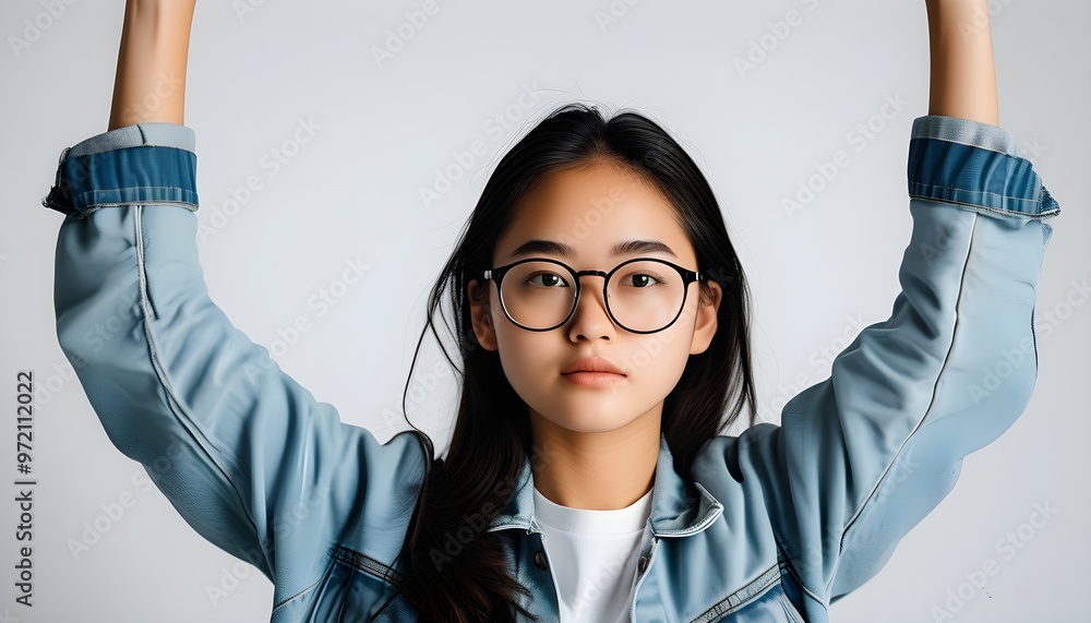 Asian girl with glasses shielding her face under bright studio lights ...