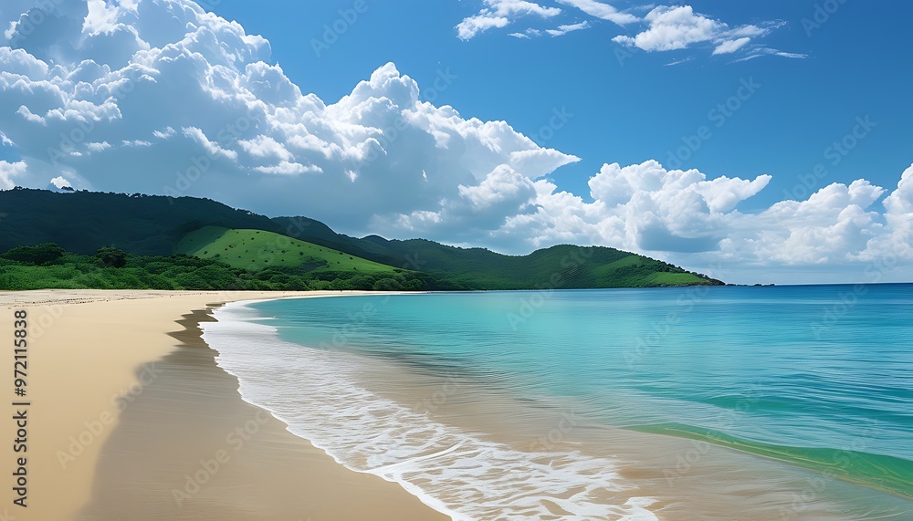 Beautiful beach, golden sand beaches blend with blue sea water, behind ...