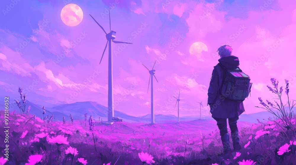 Distant planet's wind farm with futuristic turbines, surrounded by ...