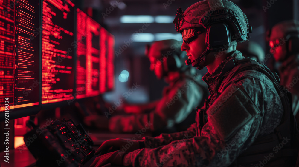 Cyber Warfare Command: A focused soldier in camouflage, illuminated by ...