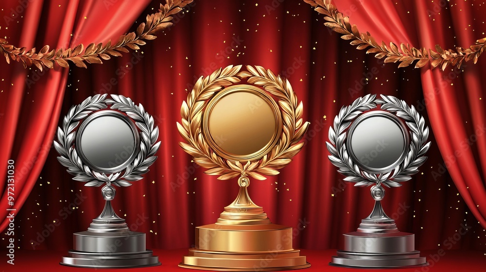 Gold, silver, and bronze award signs on a podium with laurel wreaths ...