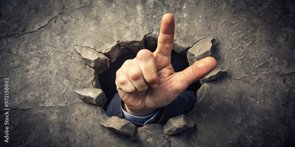 Muscles rippling with attitude, hand forms a defiant shape, thumb ...