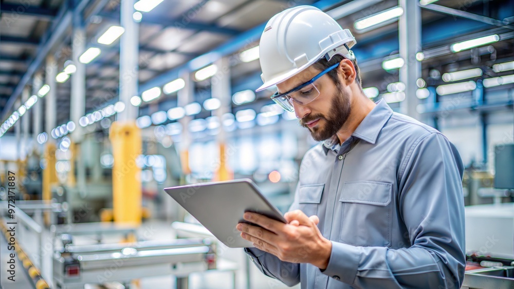 Worker reviewing quality inspection reports on a tablet while examining ...