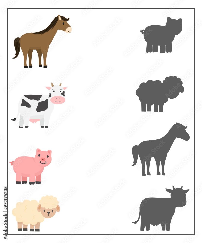 Find the correct shadow activity for kids animals farm, matching shadow ...
