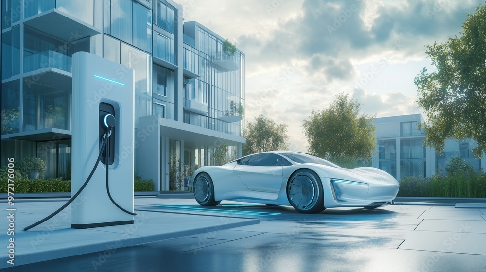 Innovative electric car connected to charging station with future ...