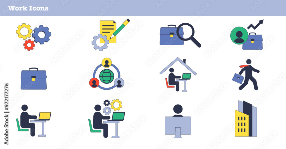 Work in office and productive workplace neubrutalism icons collection ...