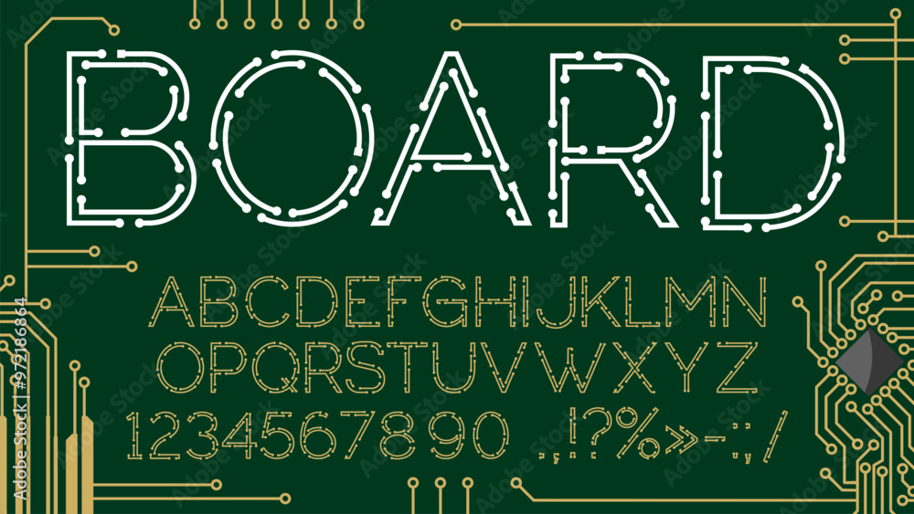 Techno circuit font or motherboard type with geometric line typeface ...