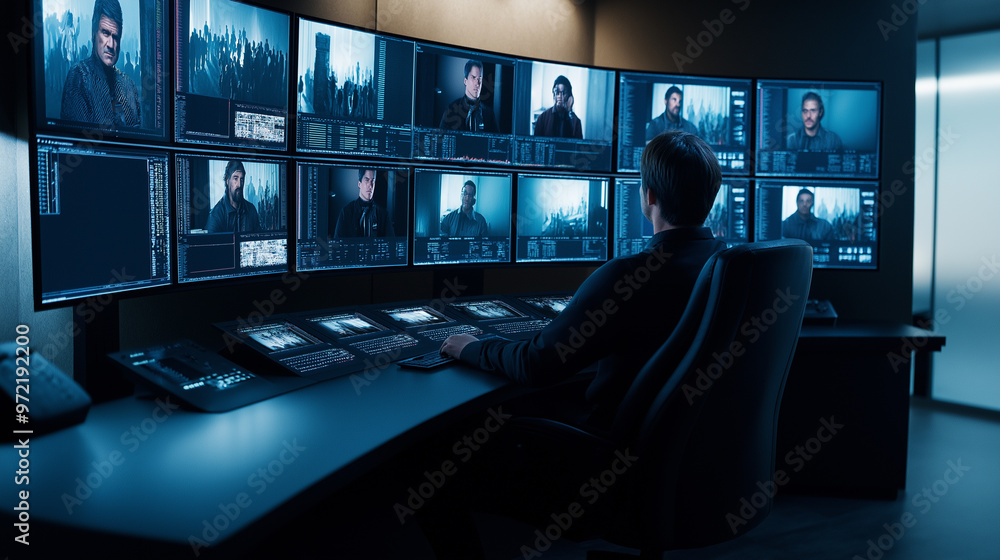 Film editing suite with multiple screens showing scenes from different ...