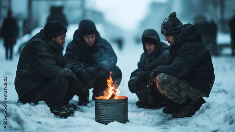 Group of homeless people huddled around a small fire in a metal barrel ...