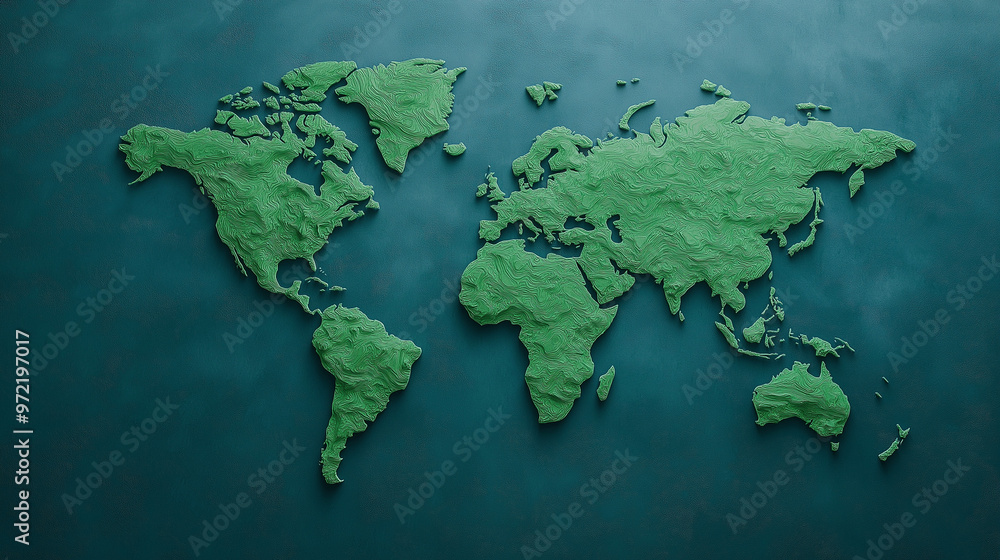 Topographic world map with detailed elevation lines, mountains, valleys ...
