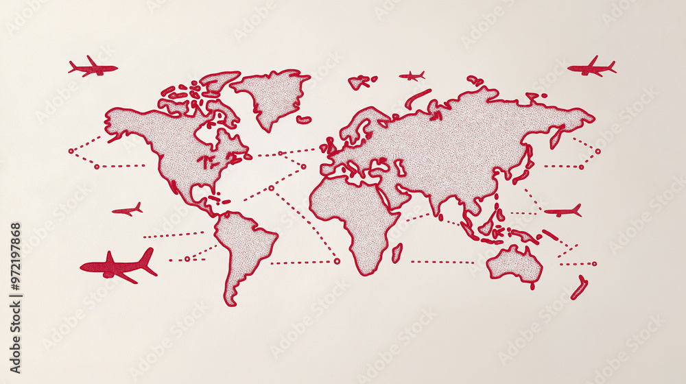 World map with vintage airline routes marked with red dotted lines and ...